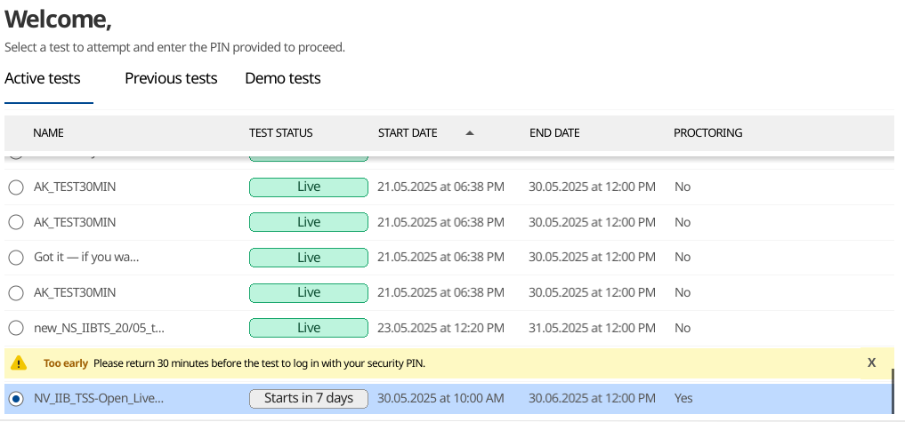 Inspera Integrity Browser Test selection screen Guide – Inspera Help Center