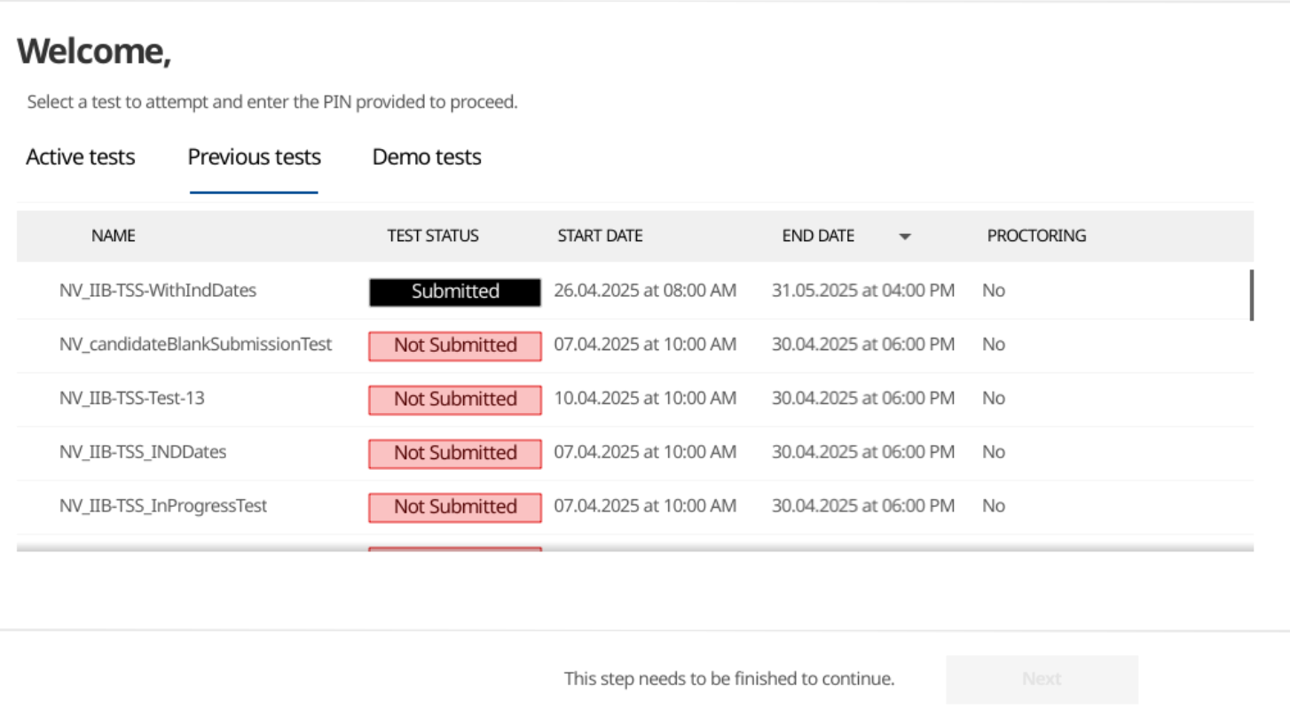 Inspera Integrity Browser Test selection screen Guide – Inspera Help Center