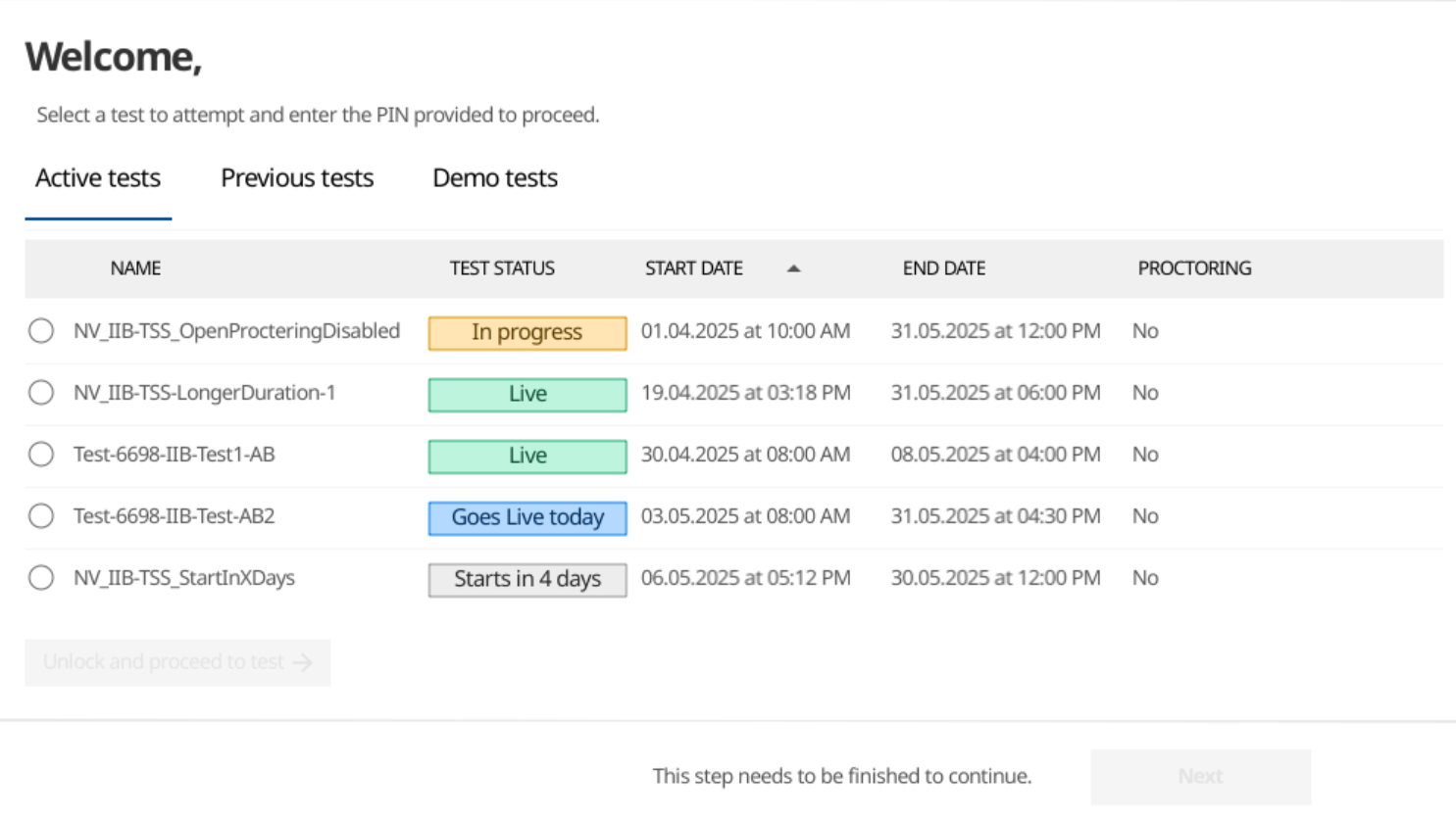 Inspera Integrity Browser Test selection screen Guide – Inspera Help Center