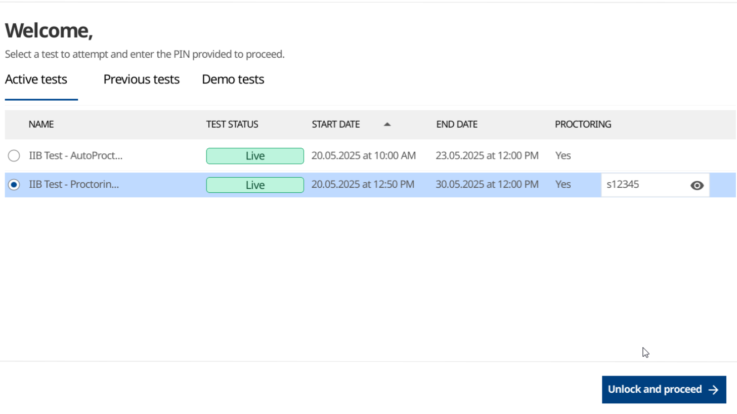 Inspera Integrity Browser Test selection screen Guide – Inspera Help Center
